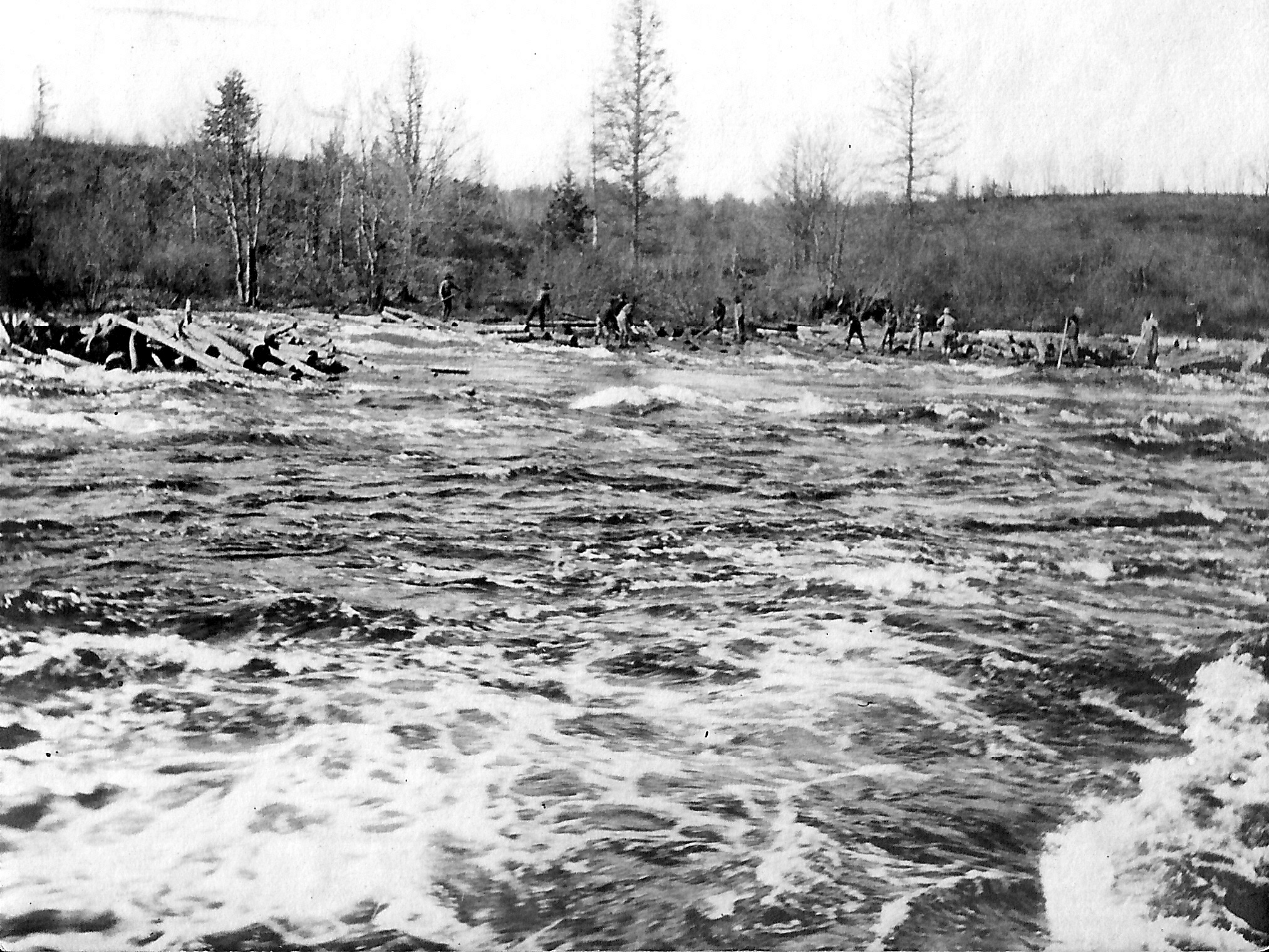 Five loggers on a log jam in the Adirondacks