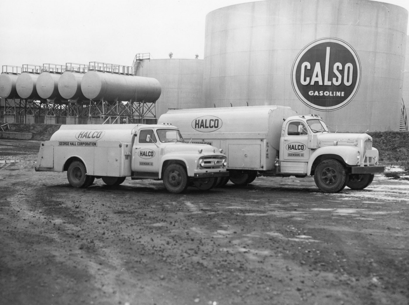 Halco gas trucks in front of the Calso Gasoline plant in Ogdensburg