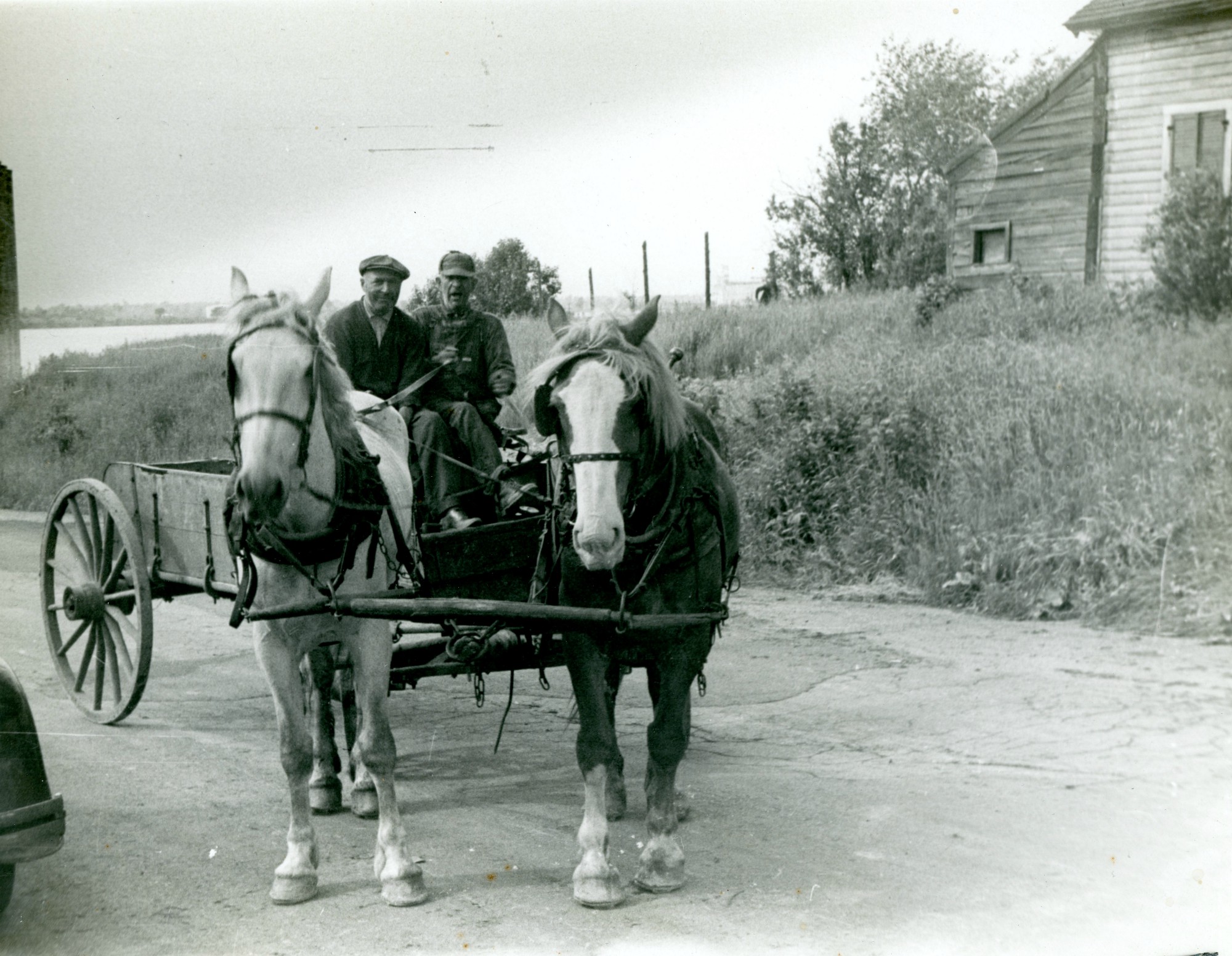Men driving a horse-drawn wagon in Ogdensburg