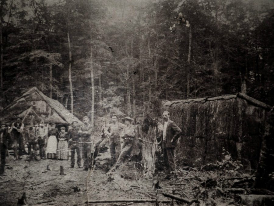 Floating lumber camp at Chair Rock Bay in Cranberry Lake