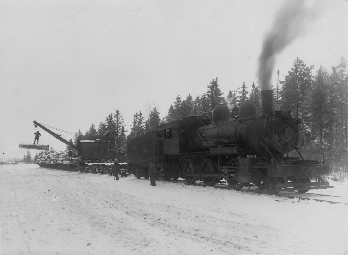 Grasse River Railroad with log loader in Cranberry Lake