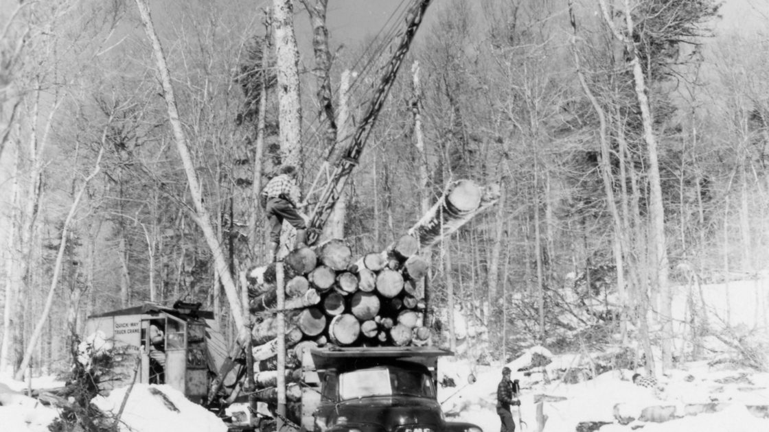 Clarence J. Strife’s logging operation in the Town of Webb in the 1950s