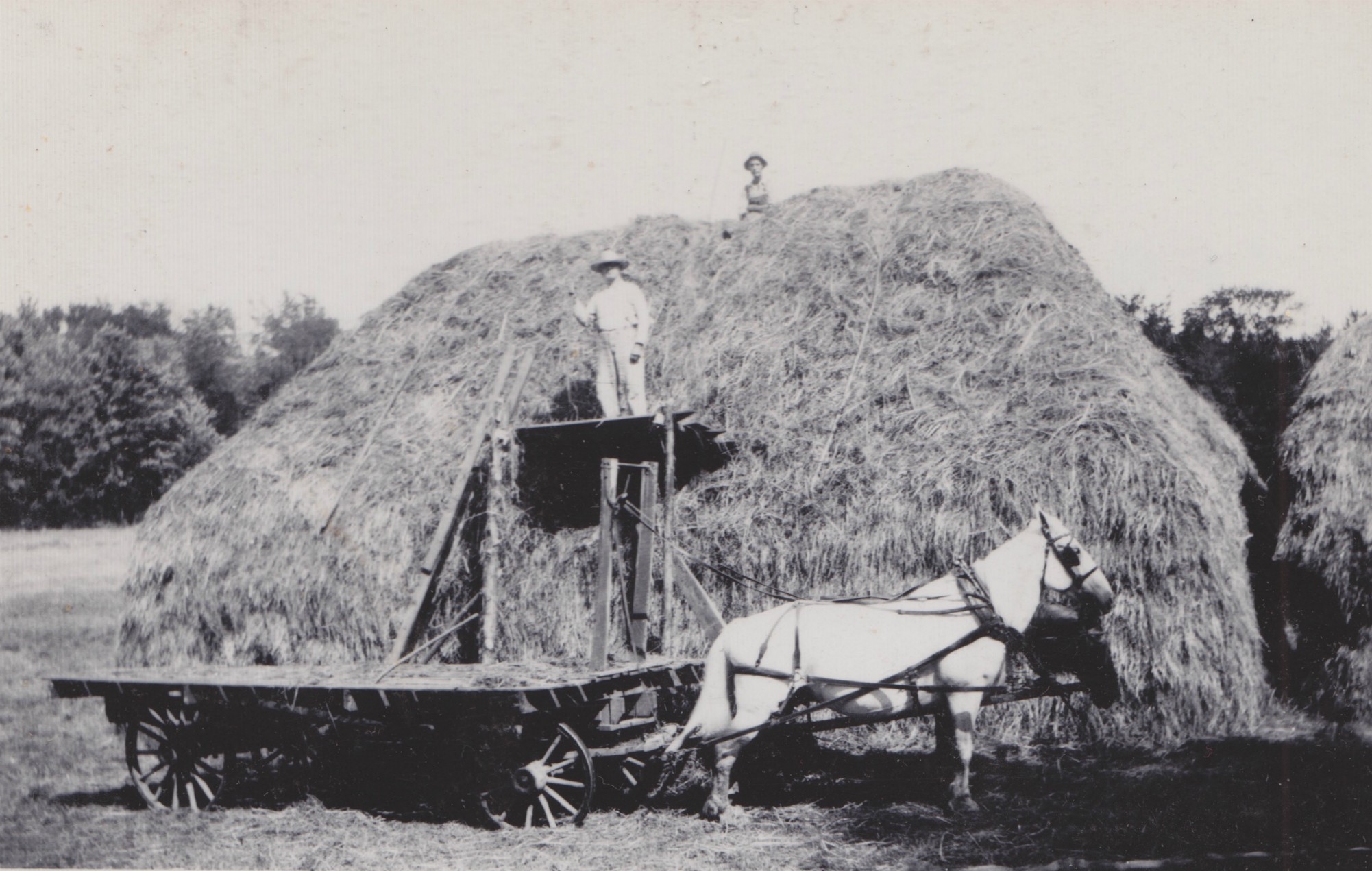 MacIntyre men pose with the largest haystack ever built in Gouverneur