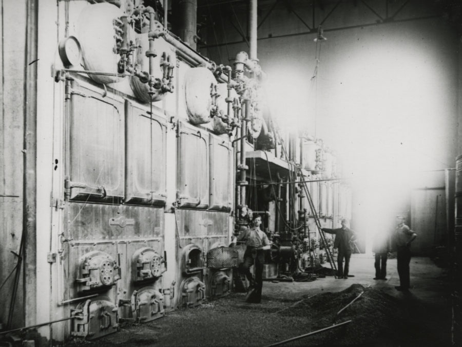 Miners in man cages at Republic Steel Company mine in Mineville
