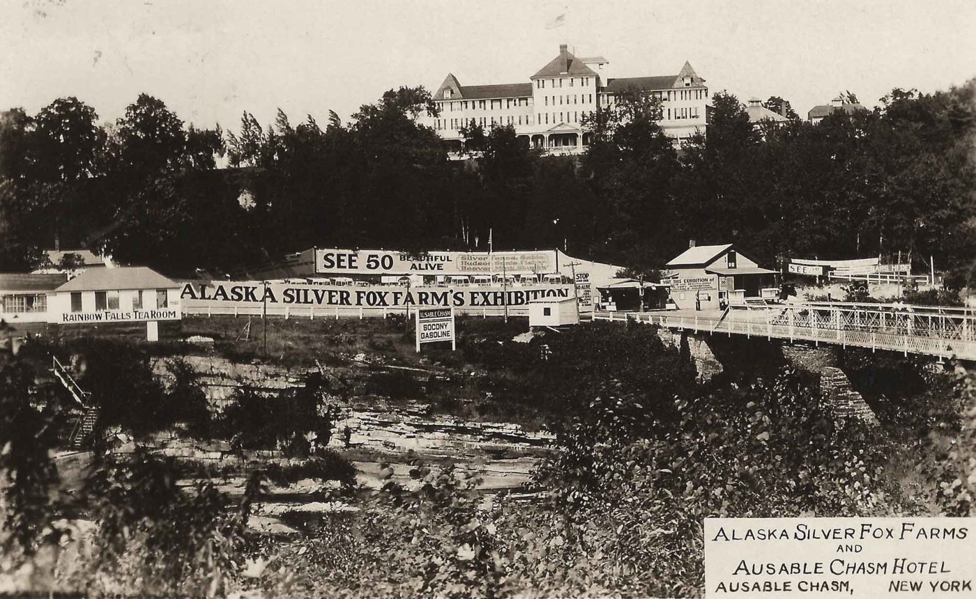 Exterior of the Alaska Silver Fox Farms with the Ausable Chasm Hotel in ...