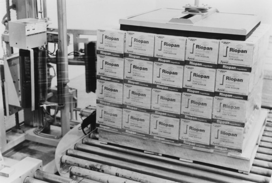 Pallets of Riopan at Wyeth-Ayerst Laboratories in Rouses Point