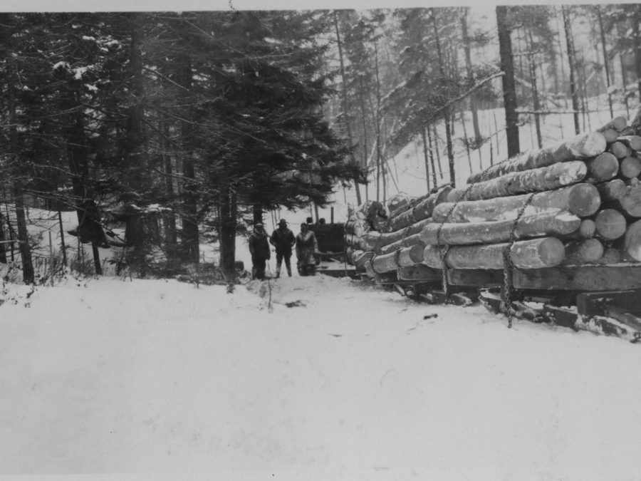 Five loggers breaking log jam in Town of Webb